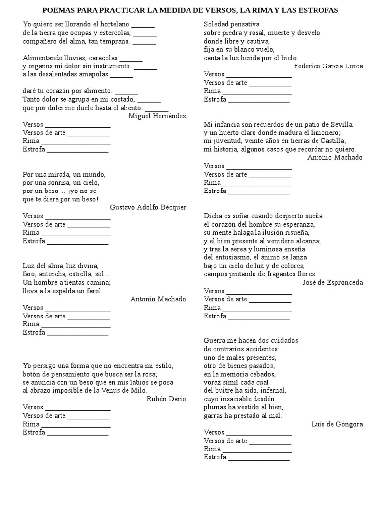 Poemas para Practicar La Medida de Versos, La Rima y Las Estrofas | PDF