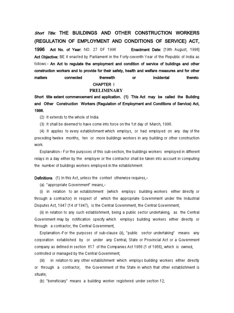 Building Other Construction Workers Welfare Cess Act 1996 | PDF ...