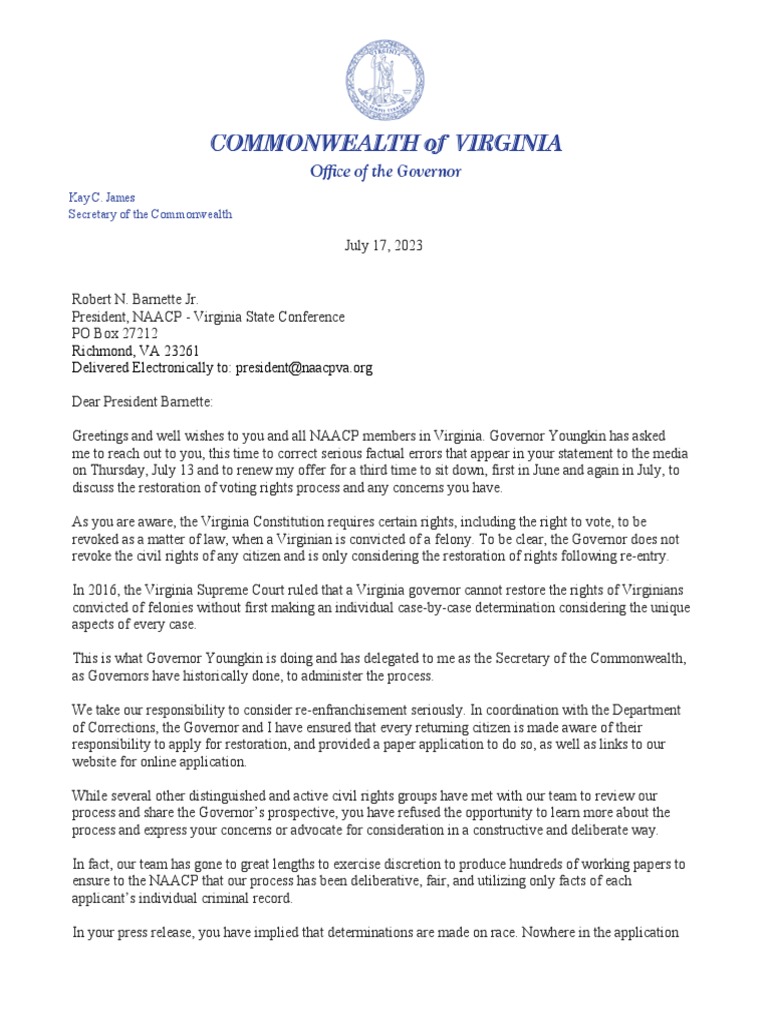 Letter To NAACP Virginia From Kay C. James | PDF | Virginia | Suffrage