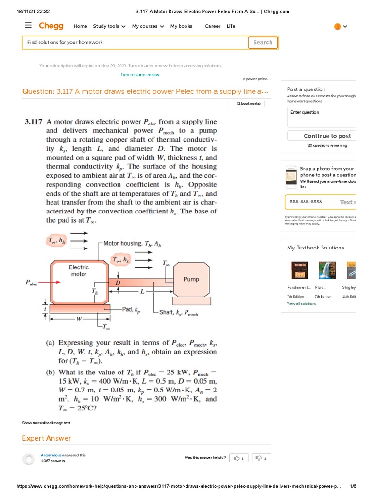 Question: 3.117 A Motor Draws Electric Power Pelec From A Supply Line A ...