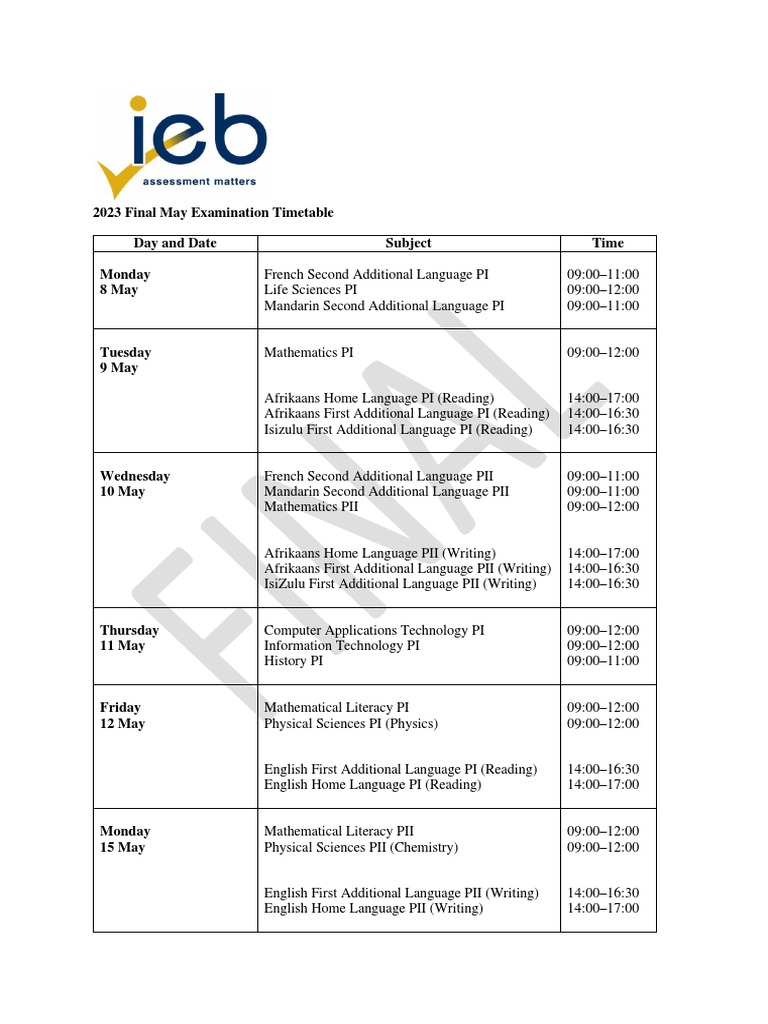 Final Timetable May Examination 2023 | Download Free PDF | Mathematics ...