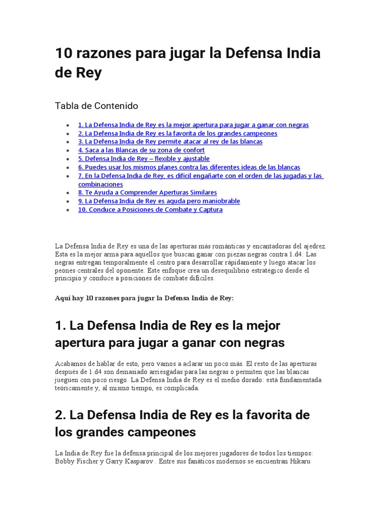 10 Razones para Jugar La Defensa India de Rey | PDF | Aperturas de ...