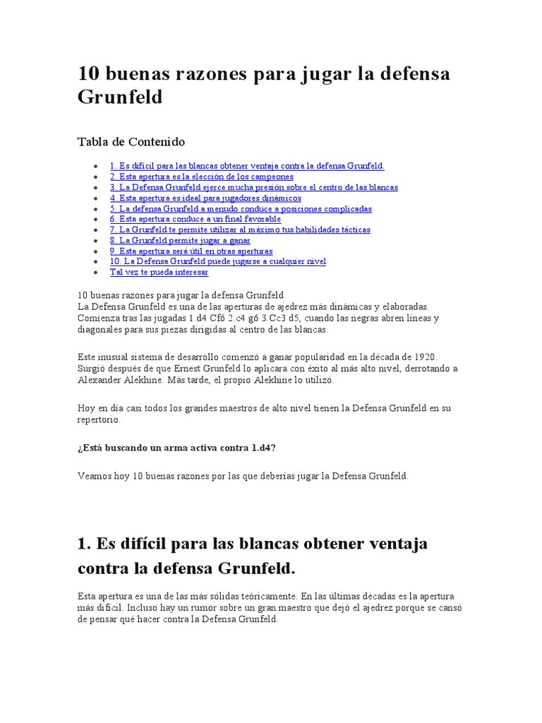 10 Razones para Jugar la Defensa Grunfeld | PDF | Aperturas de ajedrez ...
