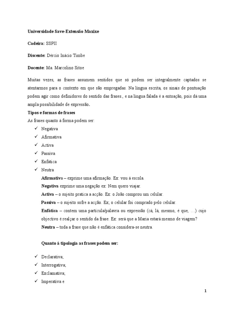 Tipos e Formas Das Frases | PDF | Assunto (gramática) | Famílias ...
