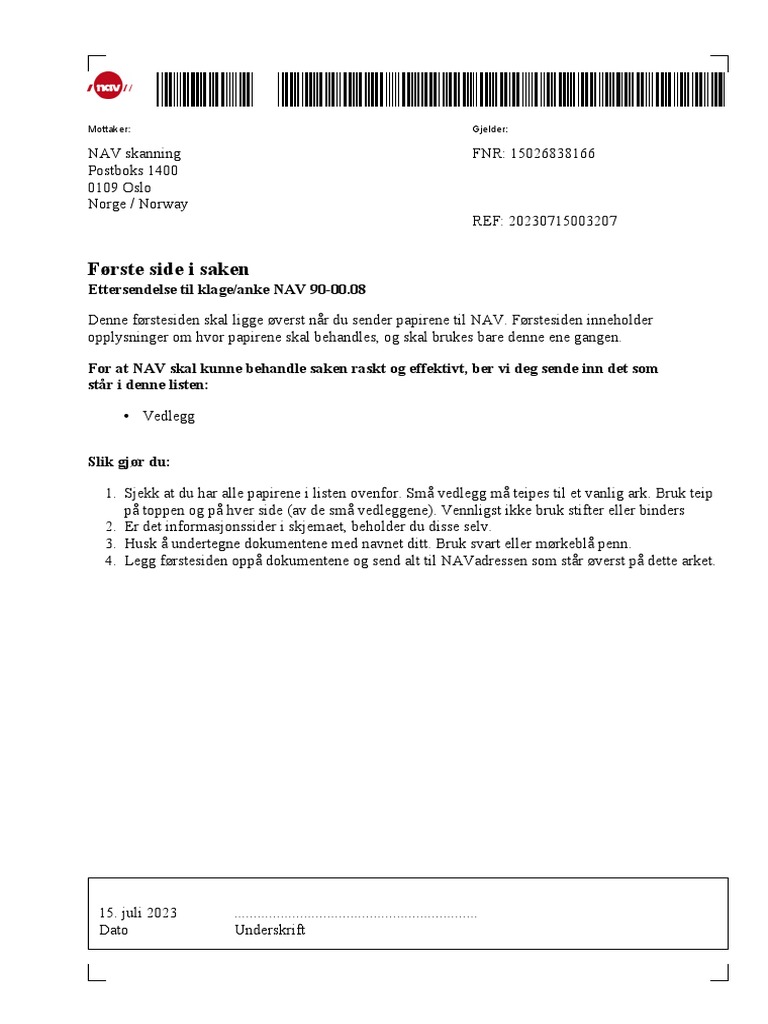 NAV Ettersendelse - Yrkesskade - 2023-07-15 18-57-52 | PDF