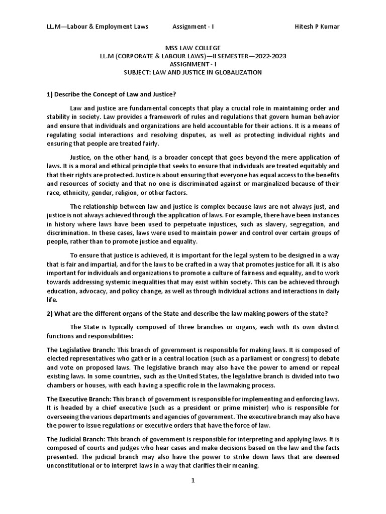 LLM (Labour Law) - II Sem - Ist Assignment | PDF | Cost Of Living | Globalization