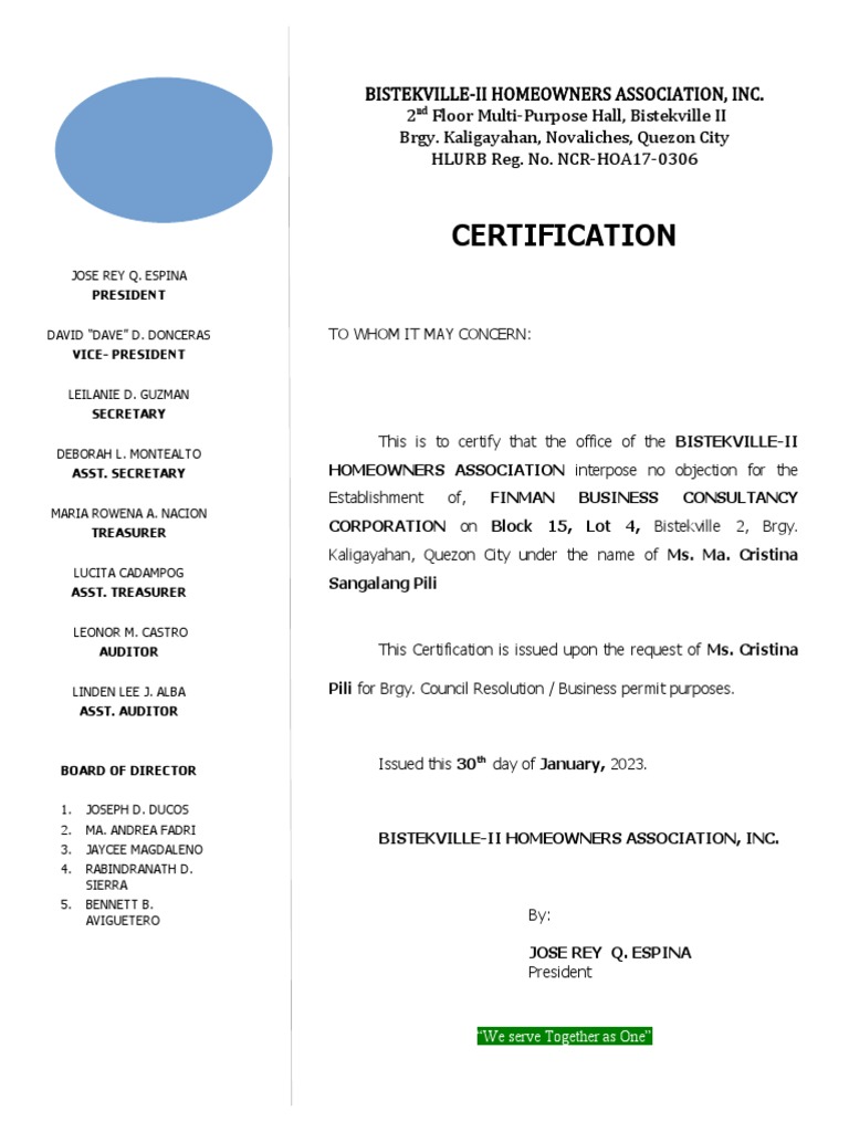 HOA - Certificate of No Objection | PDF