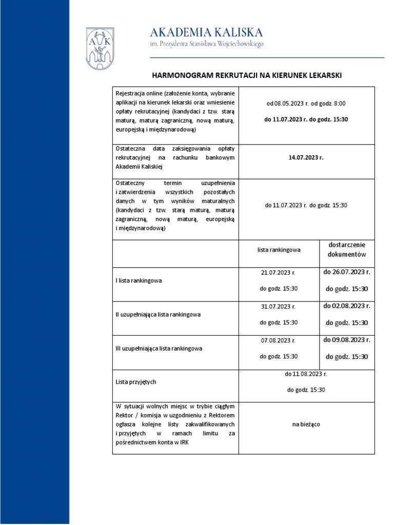 Harmonogram Kierunek Lekarski Z Dnia 03.07.2023 | PDF