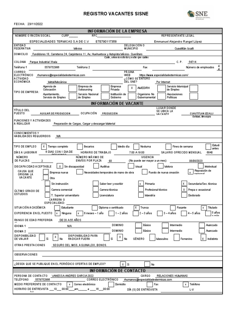 Formato de Registro de Vacante Sne Julio | PDF