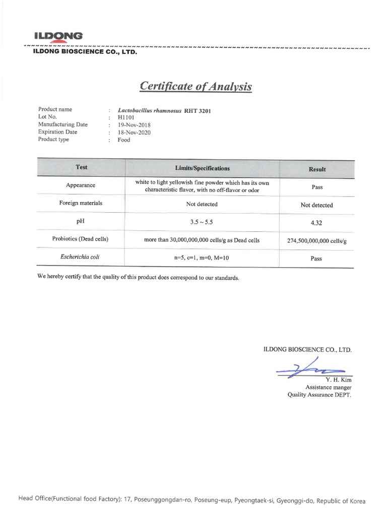 CoA - Lactobacillus Rhamnosus RHT 3201 Lot H1101 03.2019. | PDF