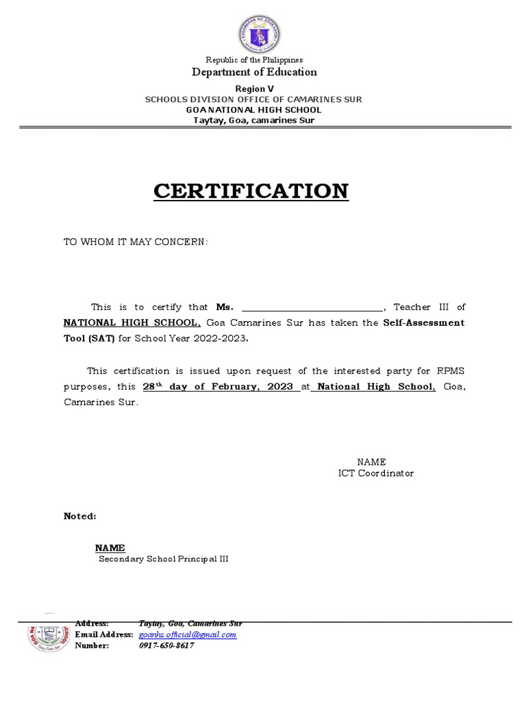 Certification For Taking E-Sat | PDF