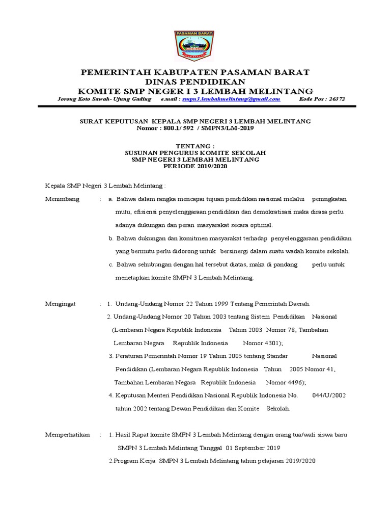 Susunan Pengurus Komite SMP 2019/2020 | PDF