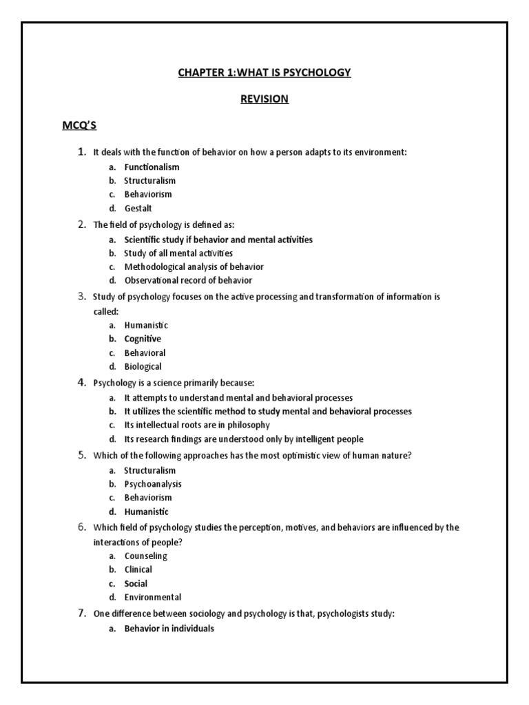 Psychology Class 11: Chapter 1 MCQs | PDF | Psychology | Behaviorism