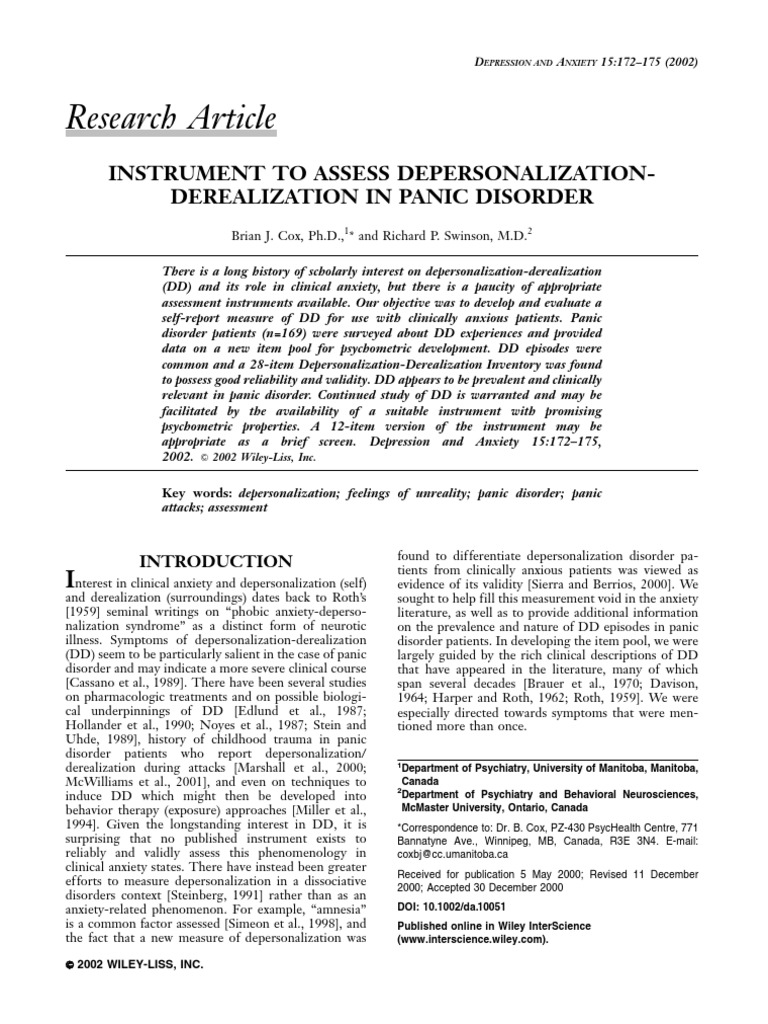 Depersonalization-Derealization in Panic Disorder | PDF | Mental ...