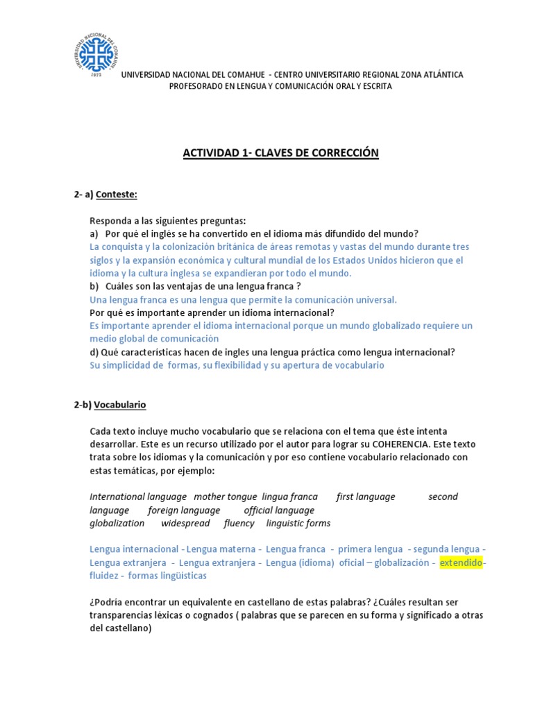 Claves de Corrección Actividad 1 | PDF | Idioma en Inglés | Léxico