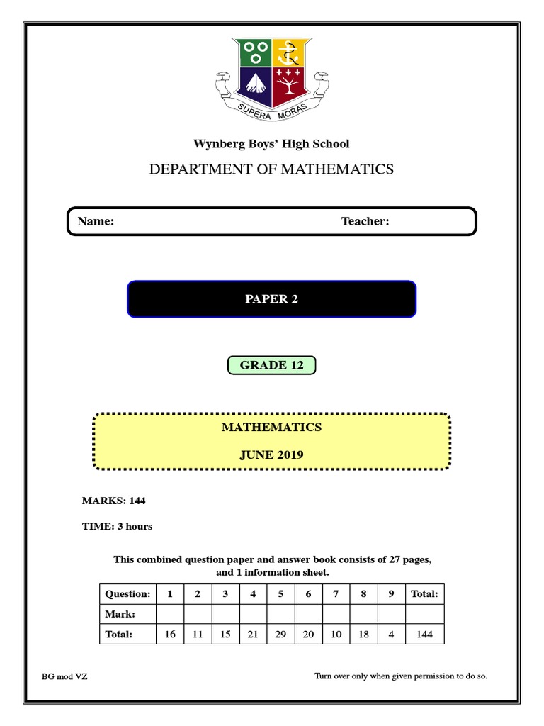 12 Exam WBHS 2019 06 P2 | PDF | Circle | Elementary Mathematics