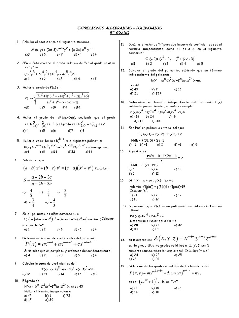 Álgebra 5° - Polinomios Práctica | PDF | Álgebra abstracta | Algoritmos