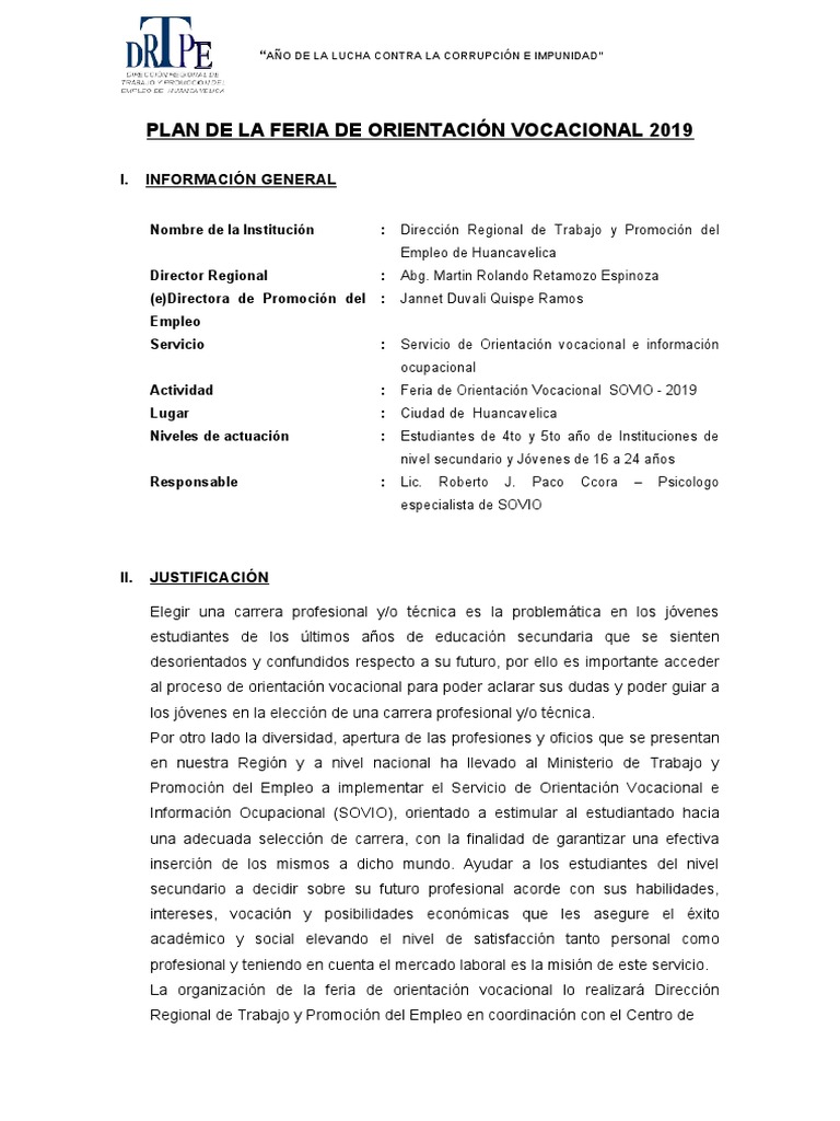 Plan de Trabajo Sovio Feria Vocacional 2019 | Descargar gratis PDF ...