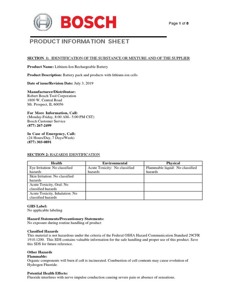 BoschBattery SDS | PDF | Dangerous Goods | Firefighter