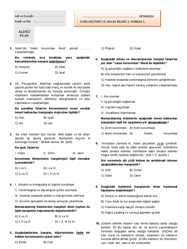 8 Dkab 2 Donem 1 Yazili 20 Coktan Secmeli Izzeteker | PDF