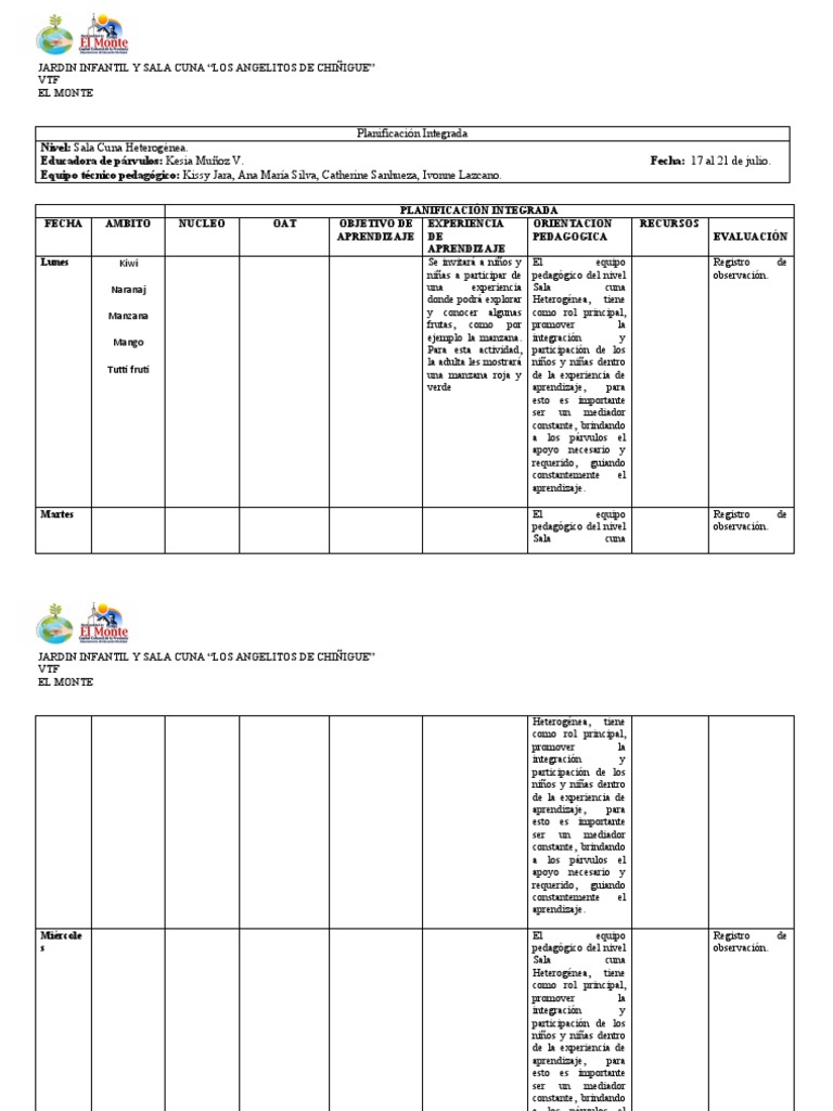 Planificación Jardín Tutti Frutti | PDF | Educación de la primera ...