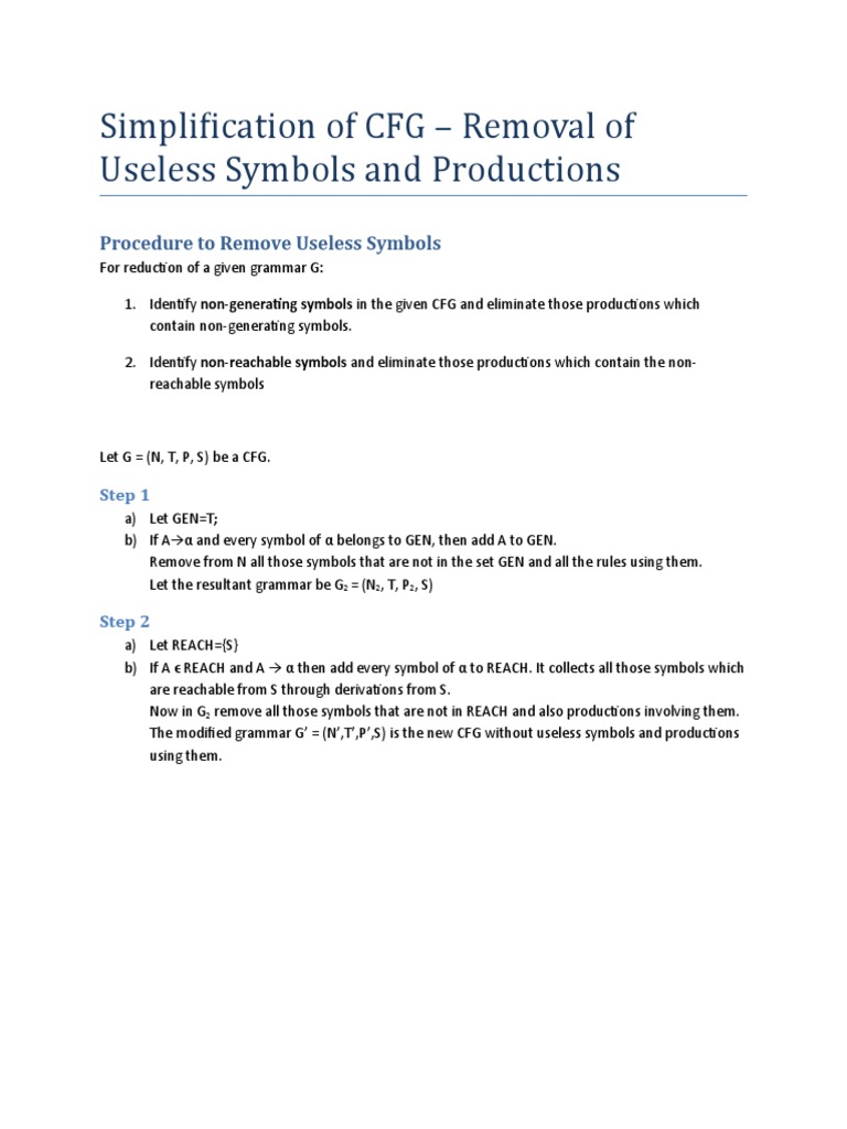 Simplification of CFG Removal of Useless Symbols and Productions PP ...