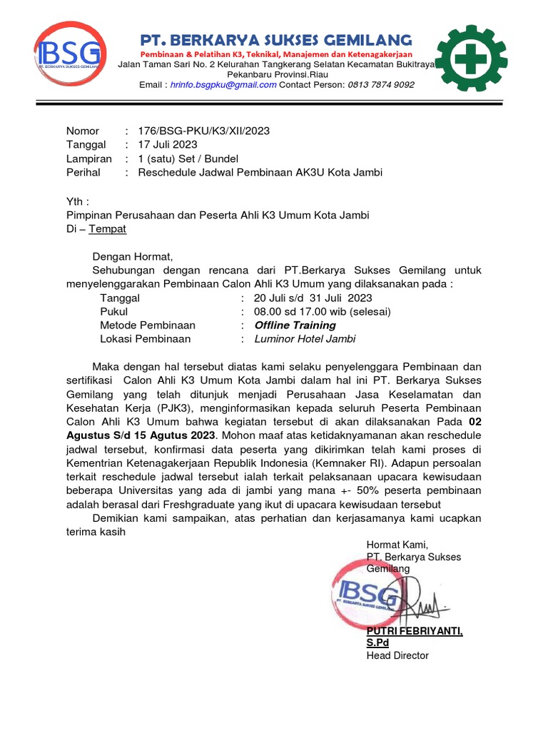 Surat Reschedule AK3U Jambi Bulan Juli | PDF