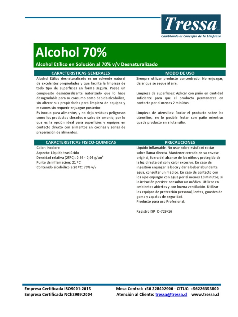 FT Alcohol 70% ISOPROPILICO | Descargar gratis PDF | Agua | Etanol