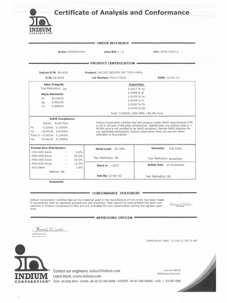 08-0545 Indium Sac305 3.2hf Coc For Lot Psa11115616 | PDF