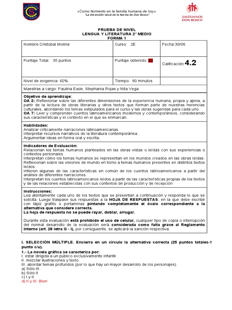 Prueba de Nivel Forma 1. | PDF | Narración