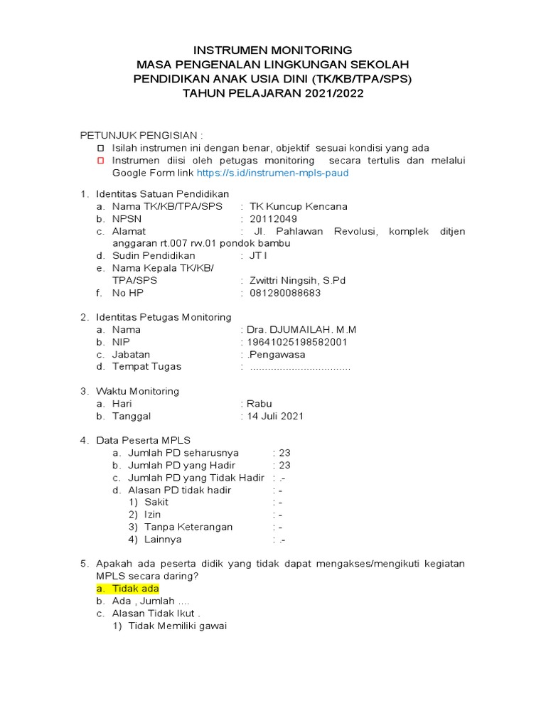 Instrumen Monev MPLS PAUD 2021 Kuncup Kencana | PDF | Karier & Perkembangan