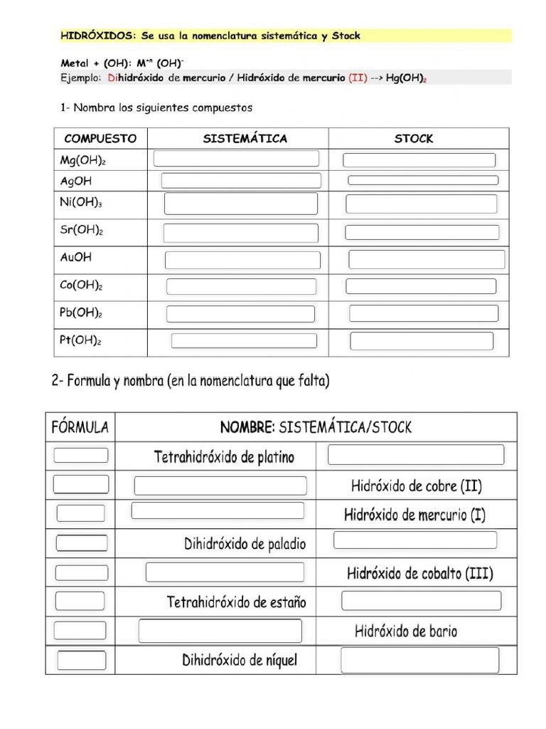Actividad Nomenclatura Hidróxidos | PDF