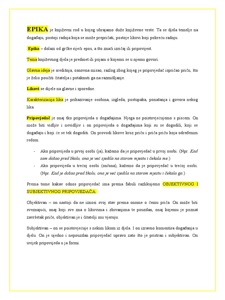 Pojmovnik - Epika (5. Razred) | PDF