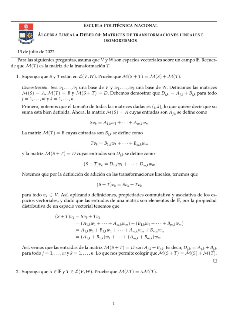 Deber - 04 Matrices de Transformaciones Lineales e Isomorfismos | PDF | Matriz (Matemáticas ...
