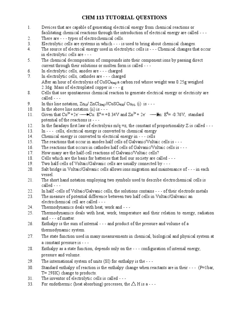 CHM 113 Electrochemistry Tutorial Questions | PDF
