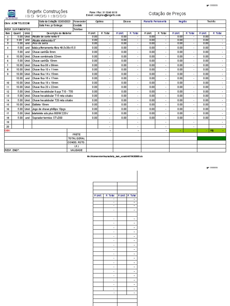 Cotação de Ferramentas e EPIs ADM Telecom | PDF