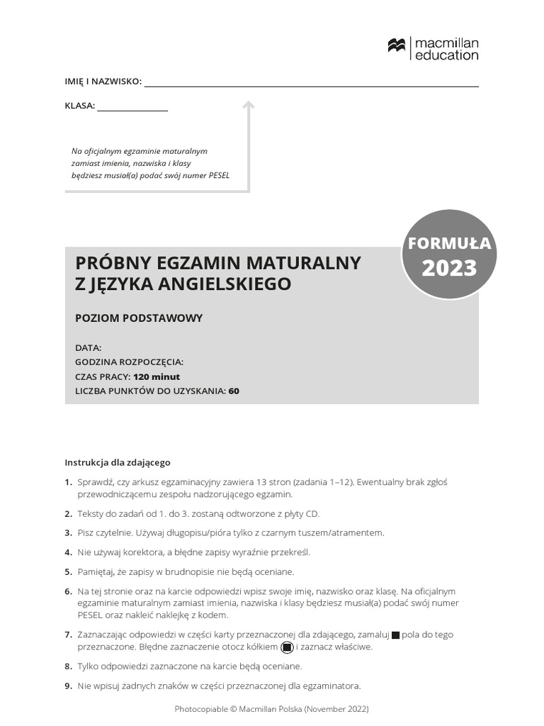 Probna Matura 2023 PP Arkusz Druk | PDF
