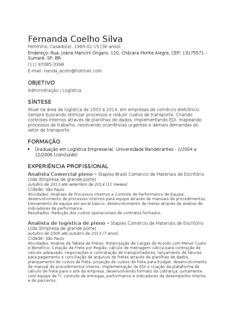 Curriculo Fernanda Coelho Silva | PDF | E-commerce | Logística