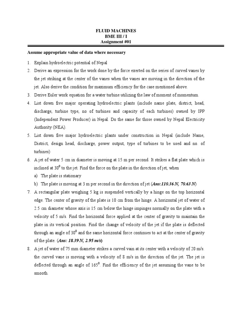 Hydraulic Machines Assignment #1 | PDF