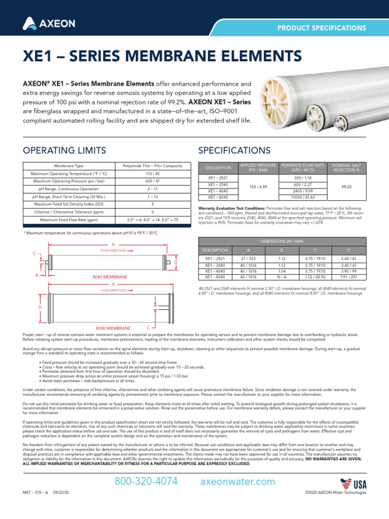 Axeon XE1 Membrane Spec Sheet | PDF | Membrane | Physical Sciences