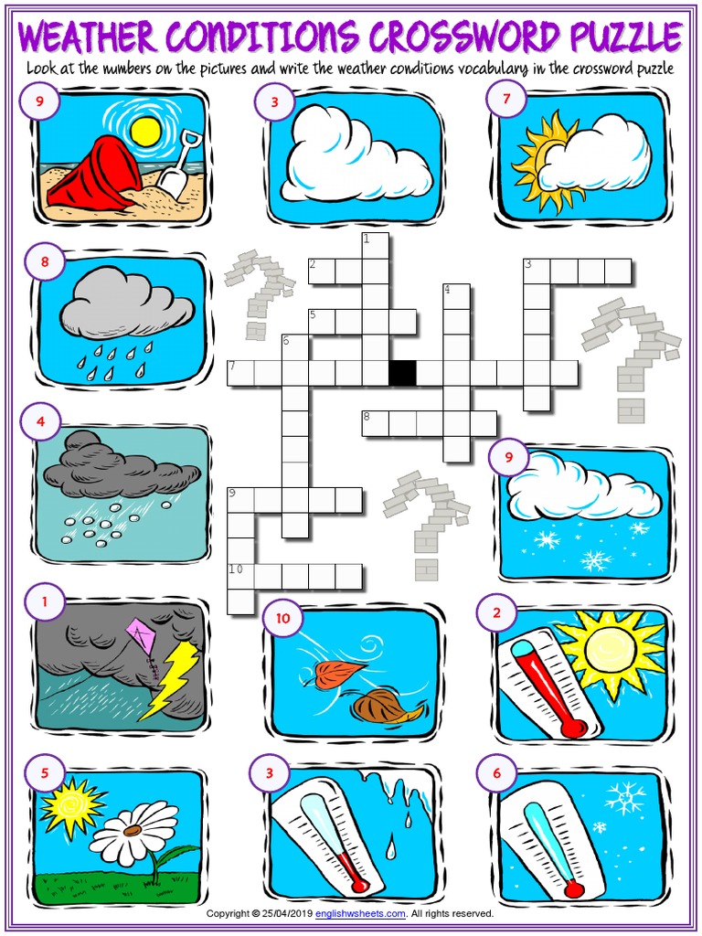 Weather Conditions Vocabulary Esl Crossword Puzzle Worksheet For Kids | PDF