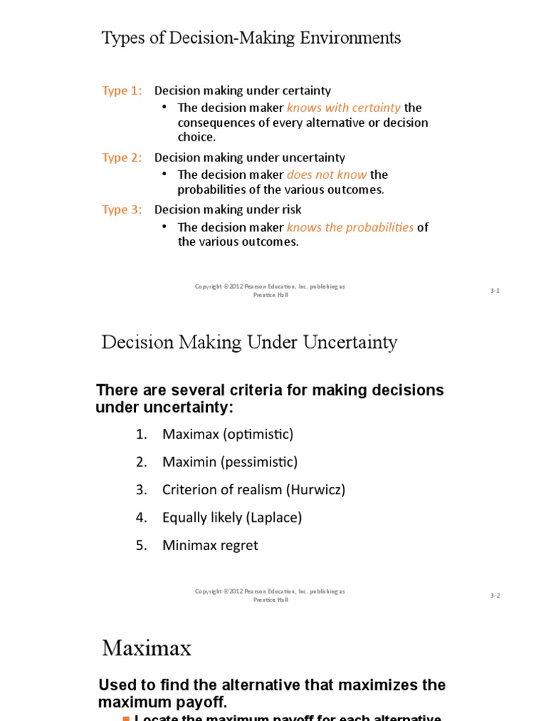 Types of Decision-Making Environments: Type 1 | PDF | Probability ...