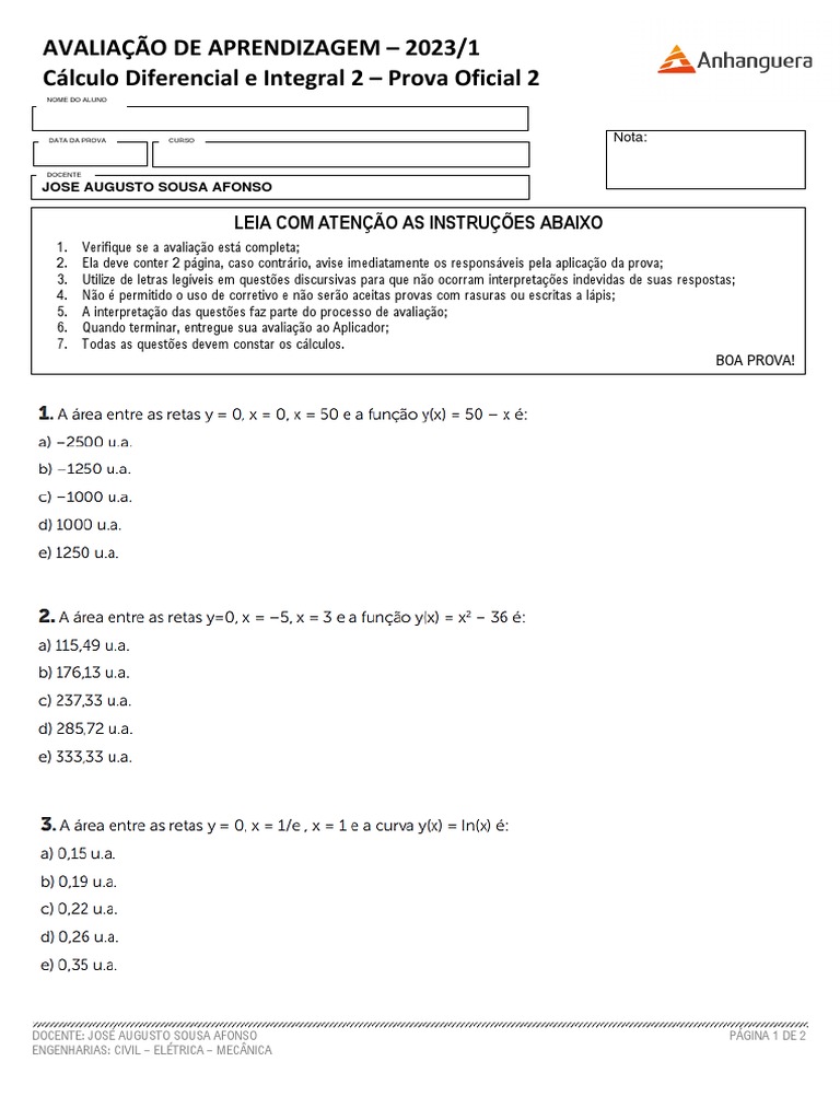 Prova 2u Cálculo Diferencial e Integral II 2023 1 | PDF