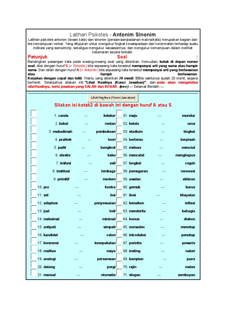 Latihan Psikotes - Antonim Sinonim | PDF