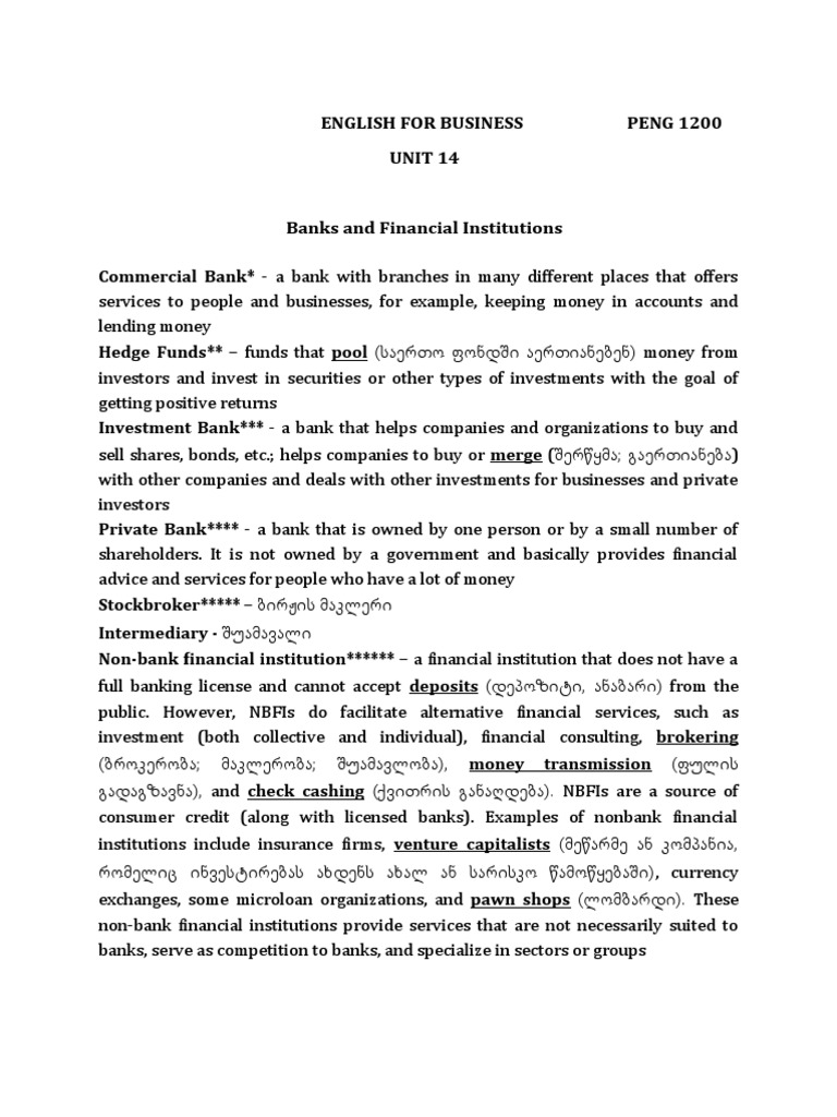 116 - English For Business - Unit 14. Banking-Text & Handout | PDF ...