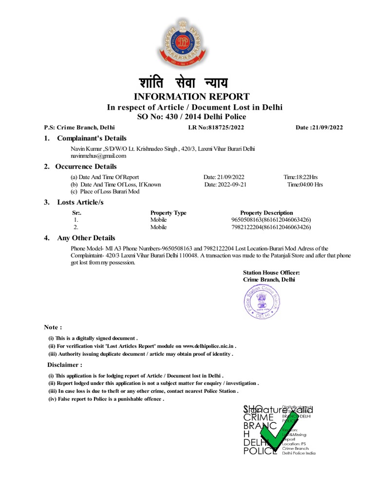 Information Report: in Respect of Article / Document Lost in Delhi | PDF