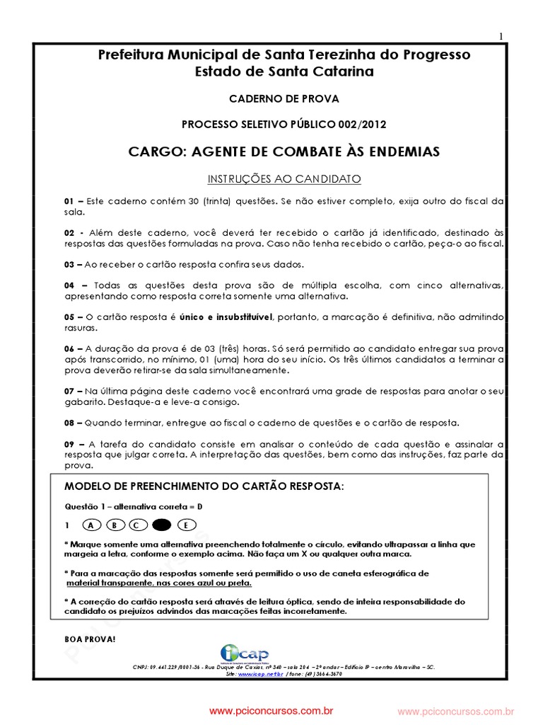Caderno de Prova Agente de Combate A Endemias | PDF Caderno de Prova Agente de Combate A Endemias | PDF
