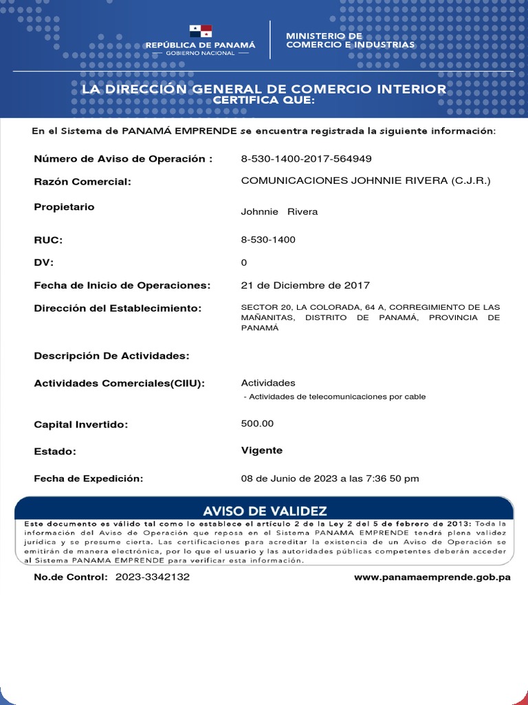 Certificado de Aviso de Operacion | PDF
