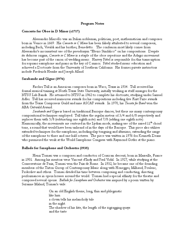 Program Notes | PDF | Saxophone | Musical Compositions