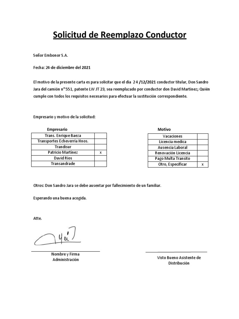Carta Solicitud Reemplazo Conductor c551 | PDF | Derecho
